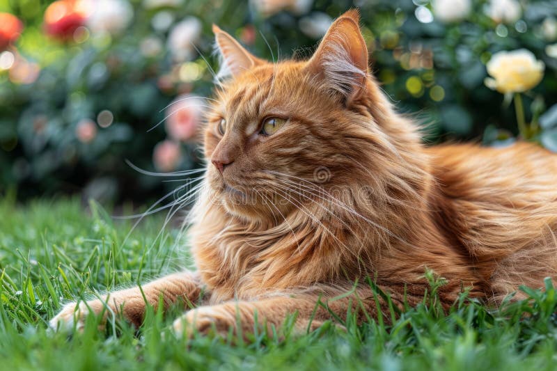 Red Funny Cat Lying in the Green Lawn Grass Stock Image - Image of ...