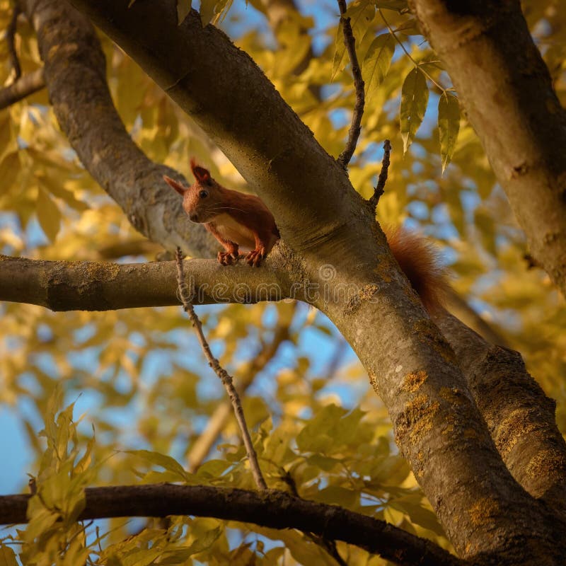 Red-furred Squirrel Perching on Tree Stock Image - Image of cautious ...