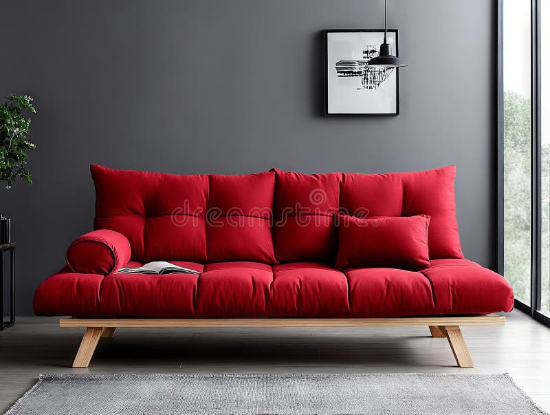 A Red Futon Sofa Bed in a Living Room Next To a Window Stock Image ...