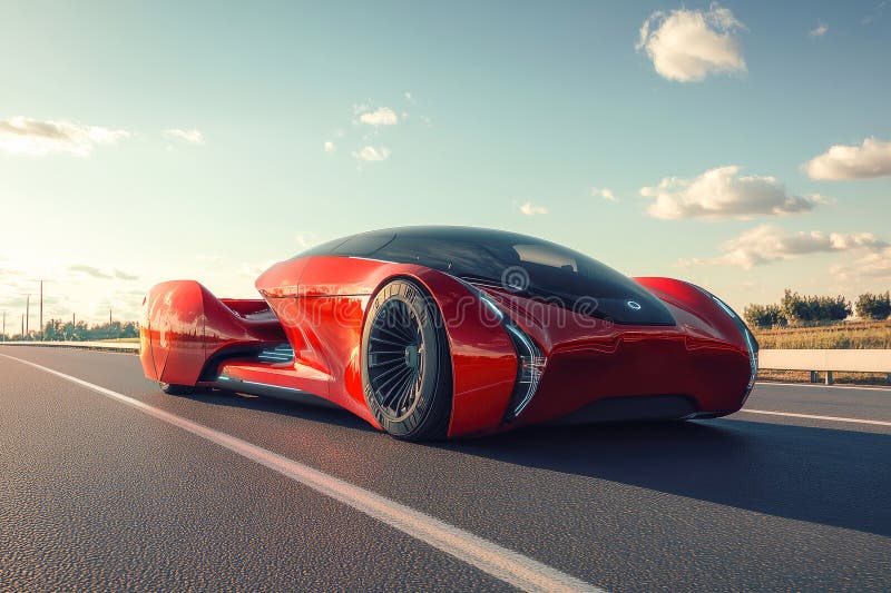 Red Futuristic Electric Car on a Highway. Concept of Future Stock ...