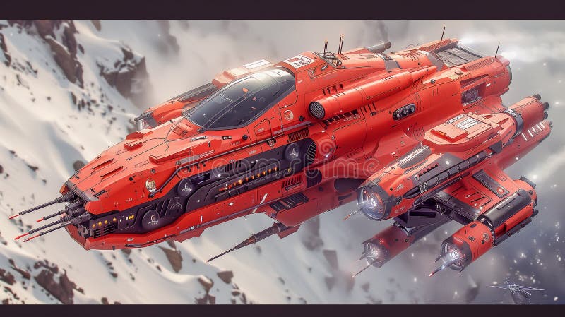 Red Futuristic Spaceship in Snowy Mountain Landscape Stock Illustration ...