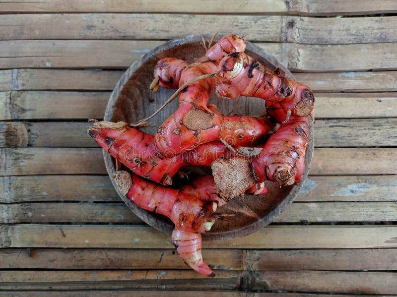 Red Galangal is Placed on a Wooden Mortar Stock Image - Image of ...