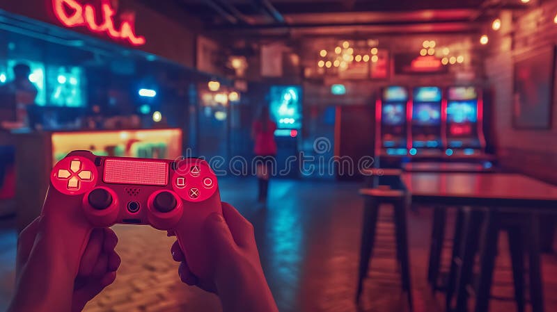 The Red Gamepad Held Ready in a Video Game Arcade Stock Illustration ...