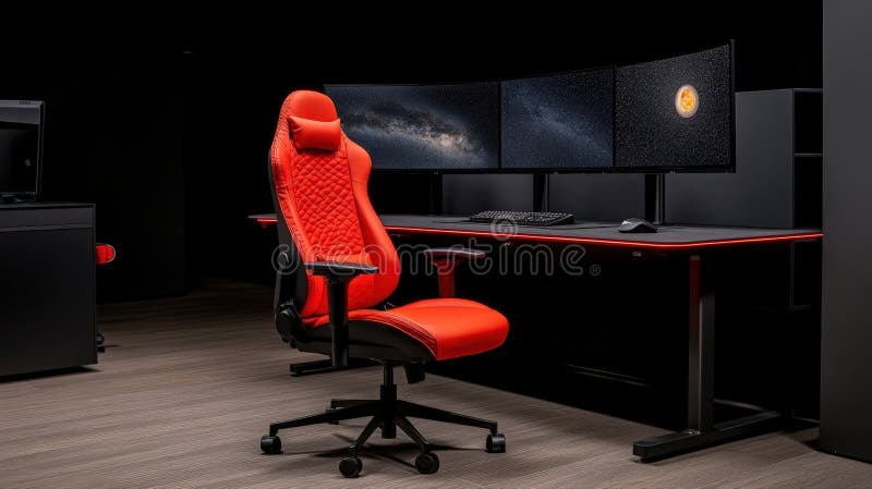 Red Gaming Chair on Sleek Desk with Dual Monitors in Modern Gaming ...
