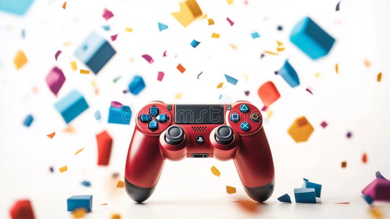 Red Gaming Controller with Confetti and Streamers, Symbolizing ...