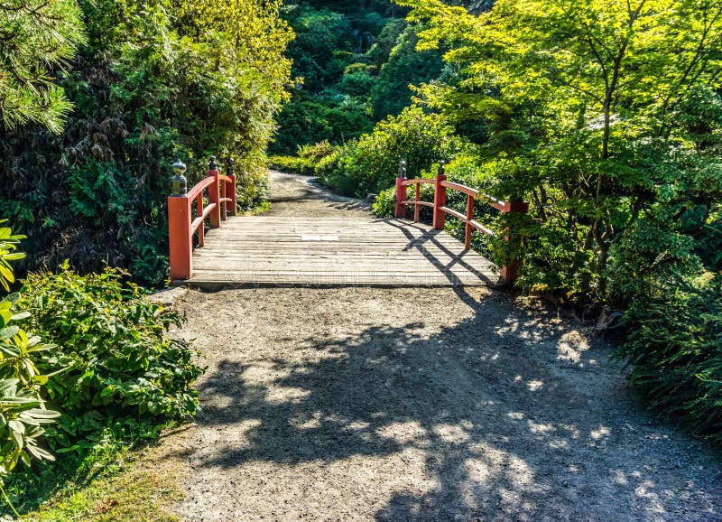 Red Garden Bridge and Path 2 Stock Photo - Image of trees, washington ...