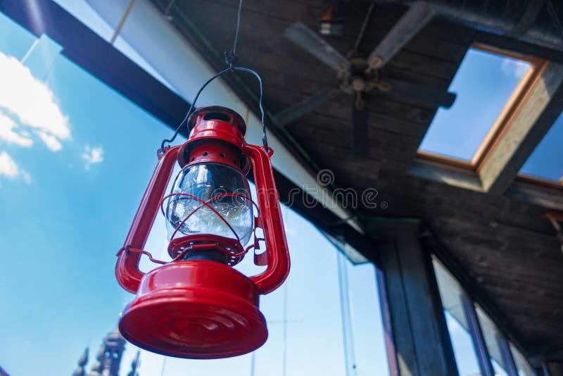 Red Gas Lamp Hanging from the Ceiling Stock Photo - Image of ...