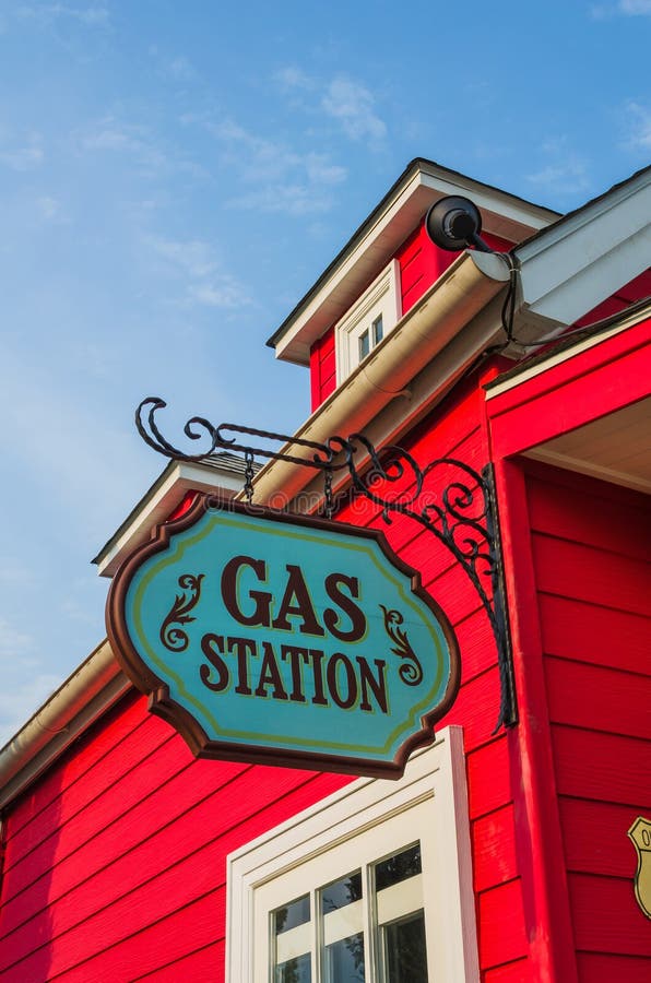 Red Gas Station with Flashy Exterior Stock Photo - Image of board ...