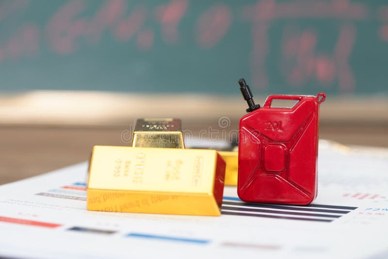 Red Gasoline Barrel Mockup and Gold Bars on Paper Stock Photo - Image ...