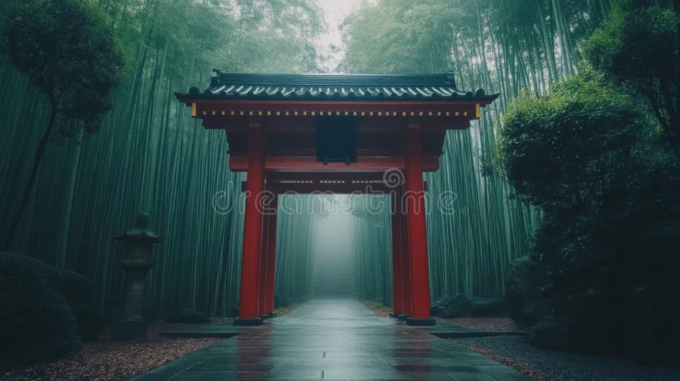 Red Gate Entrance To Misty Bamboo Forest Path Stock Illustration ...