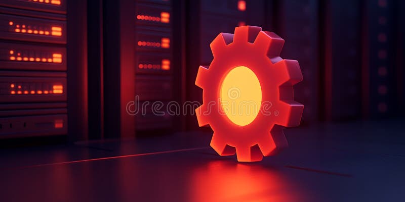 Red Gear Icon in Front of Server Racks Stock Illustration ...