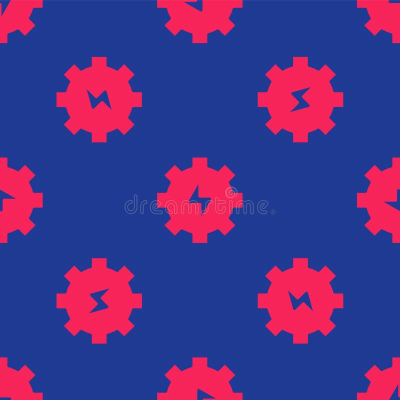 Red Gear and Lightning Icon Isolated Seamless Pattern on Blue ...