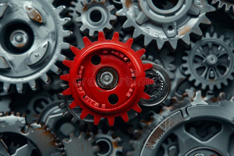 A Red Gear Sits among a Pile of Metal Gears Stock Image - Image of ...