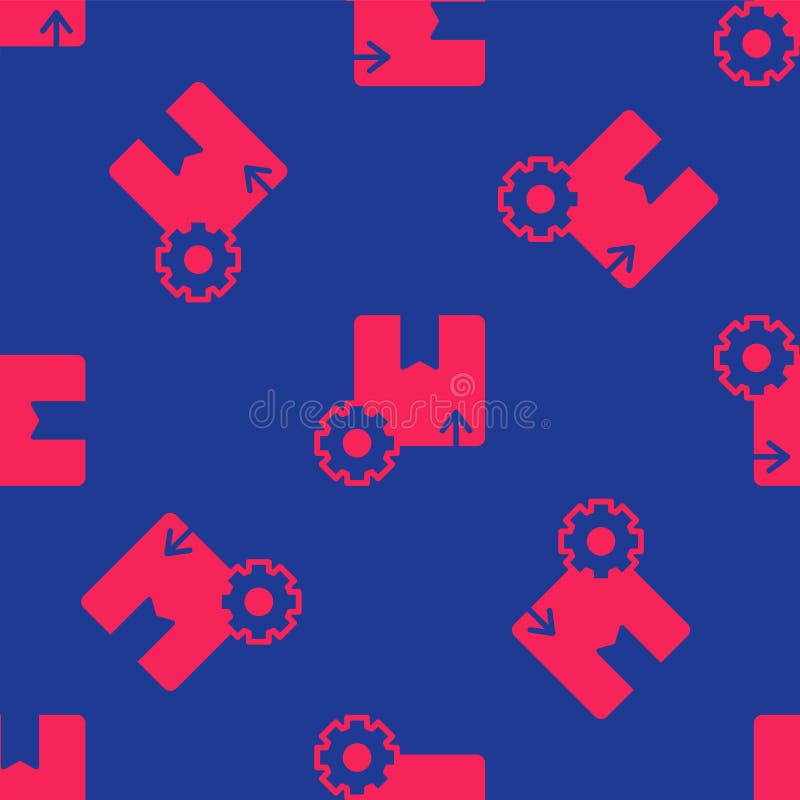 Red Gear Wheel with Package Box Icon Isolated Seamless Pattern on Blue ...