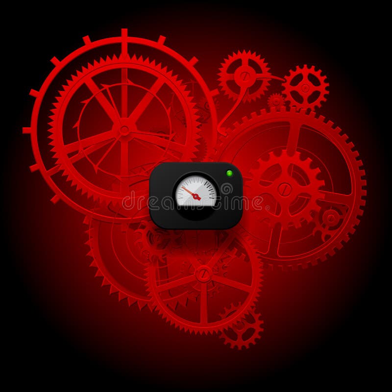 Red Gear Wheels of Clockwork with Circular Meter on Dark Red Background ...