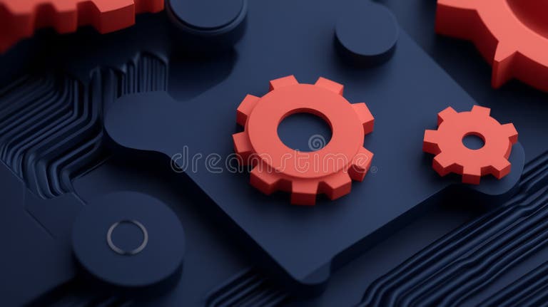 Red Gears on a Dark Blue Background with Circuit Design Elements for ...