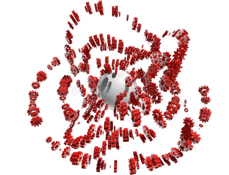 Red Gears Flying Around Sphere Stock Illustration - Illustration of ...