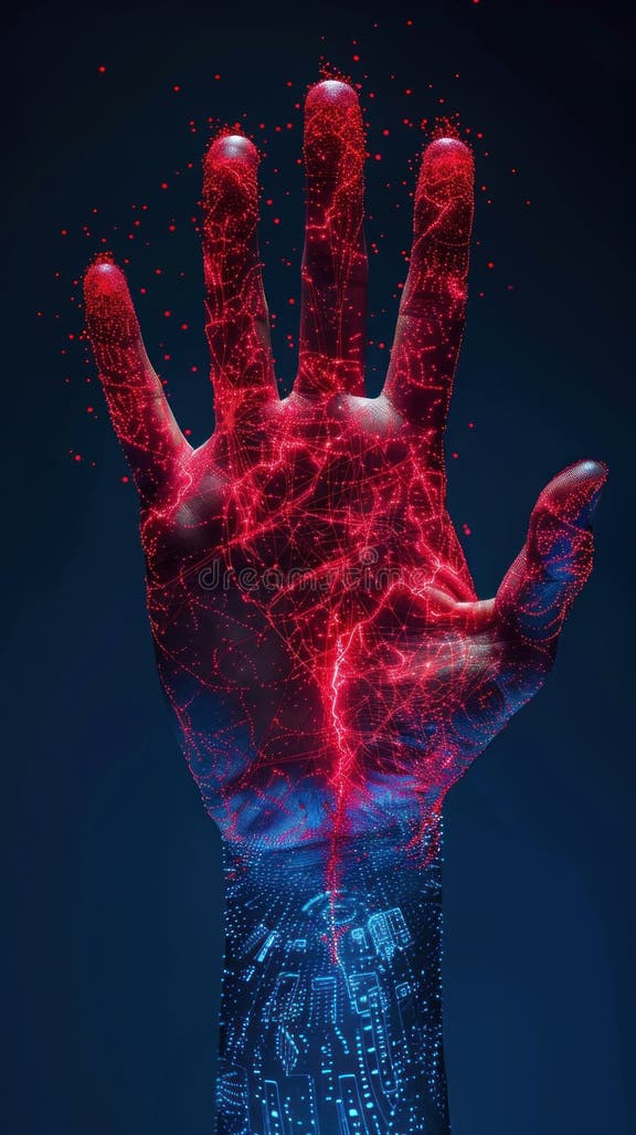 Red Geometric Handprint on Screen: Minimalist Cyber Security Threat ...