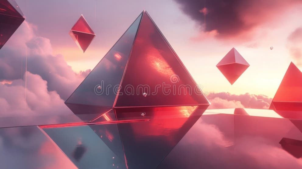 Red Geometric Pyramids Reflecting in Pink Cloudscape Stock Illustration ...