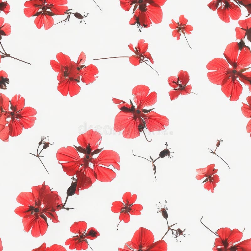 Red Geranium Blossoms Scattered on White Romantic Floral Pattern for ...