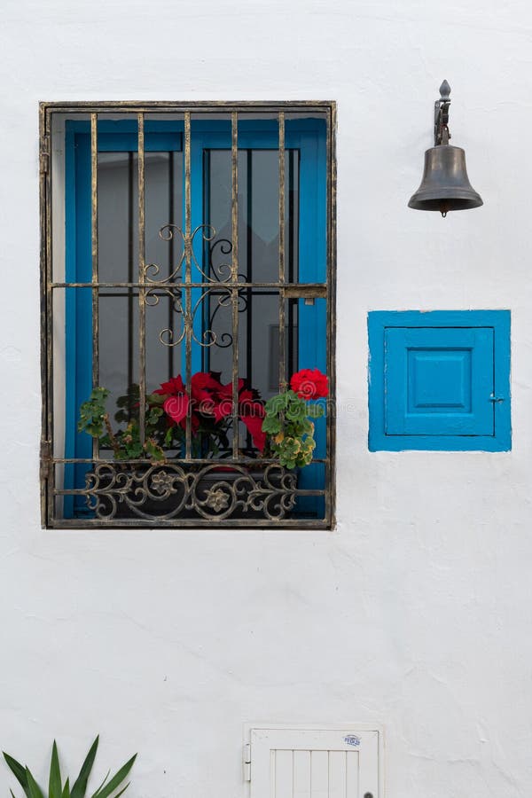 A Red Geranium Grows beside a Light Blue Window Shutter on a ...