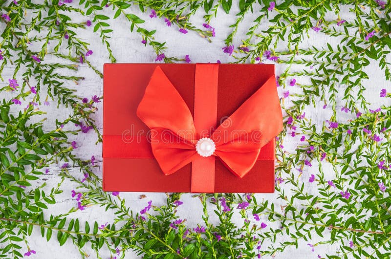 Red Gift Box Background and Leaves Stock Image - Image of isolated ...