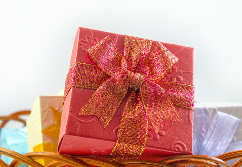 Red Gift Box on Basket Isolated Stock Photo - Image of basket, boxes ...