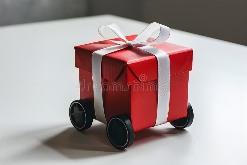 Red Gift Box with Black Wheels on White Surface, Ribbon Pops Against ...