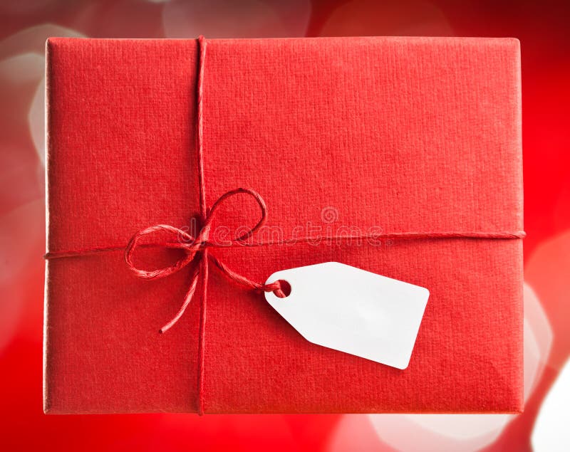 Red Gift Box with Blank Tag Stock Photo - Image of empty, invitation ...