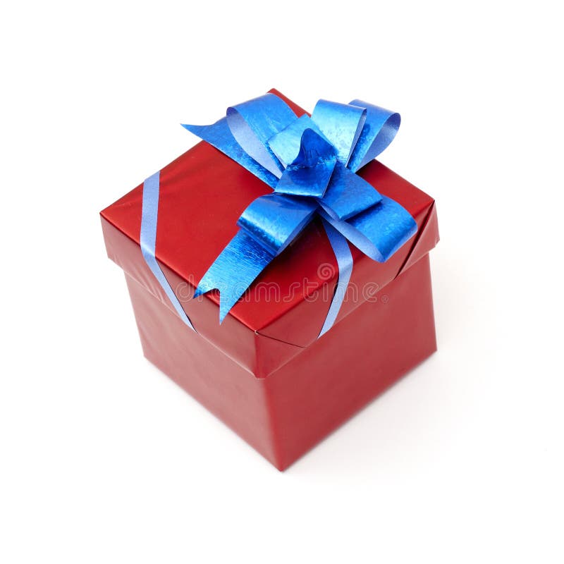 Red gift box with blue bow stock image. Image of shine - 17445789