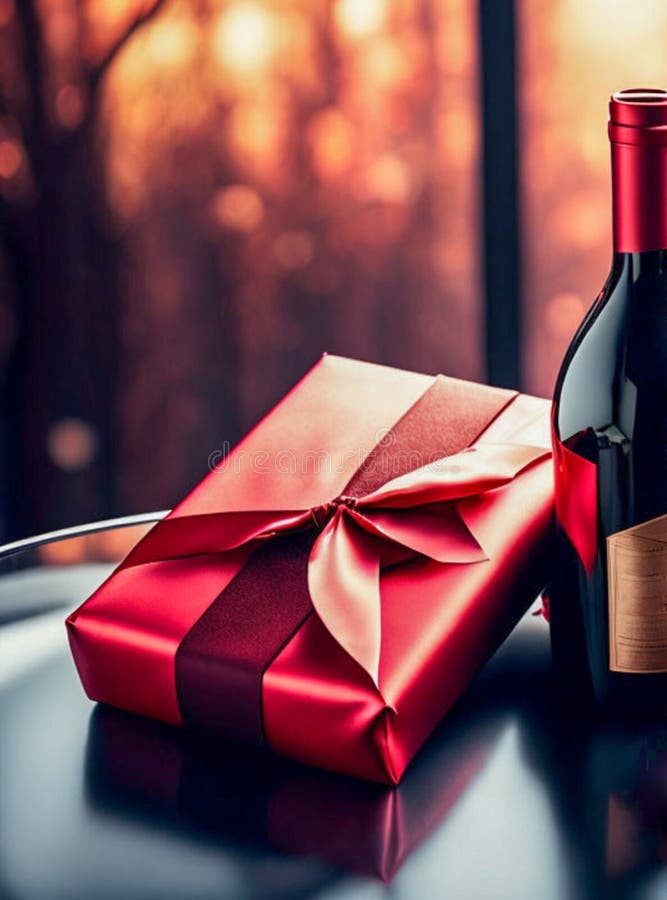 Red Gift Box and a Bottle of Wine on a Marble Table. Close-up Stock ...