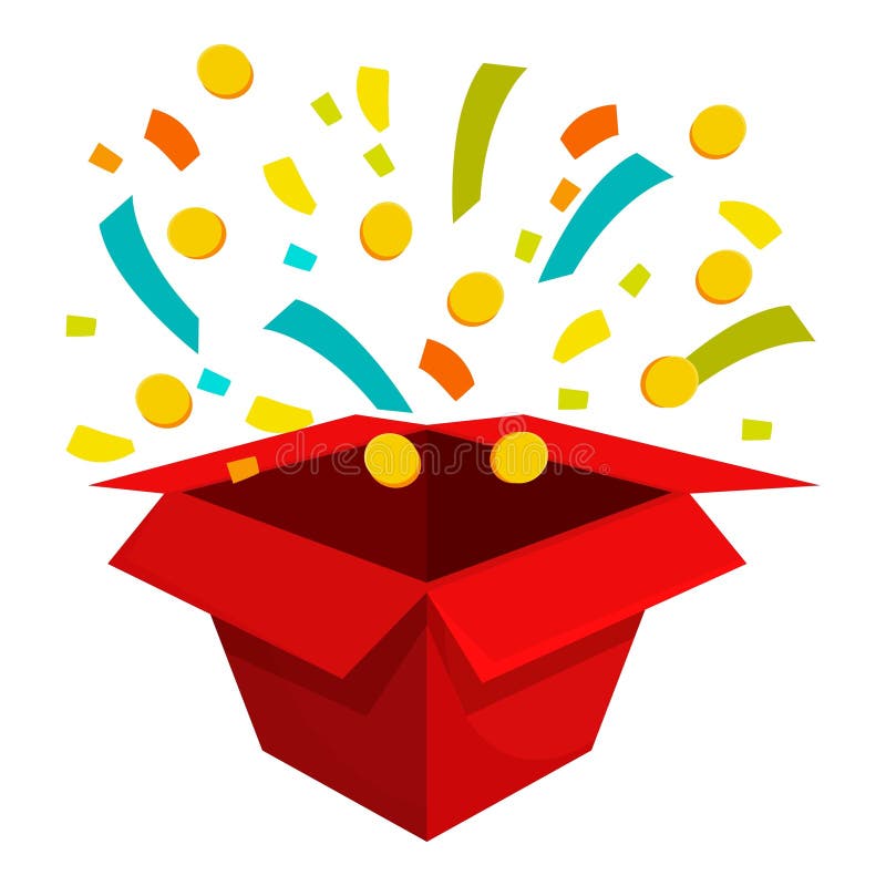 Red Gift Box Exploding with Golden Coins and Confetti Stock ...