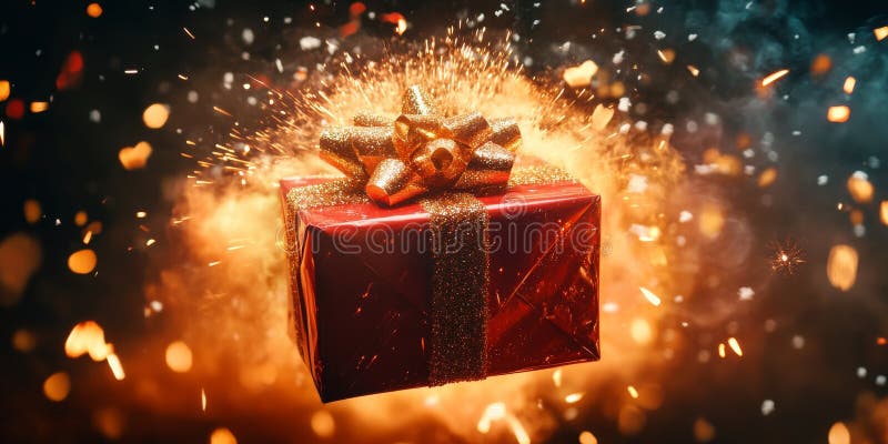 Red Gift Box Exploding with Golden Sparks on Black Background Stock ...