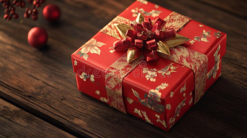 A Red Gift Box with Gold Ribbon and Floral Design Stock Illustration ...