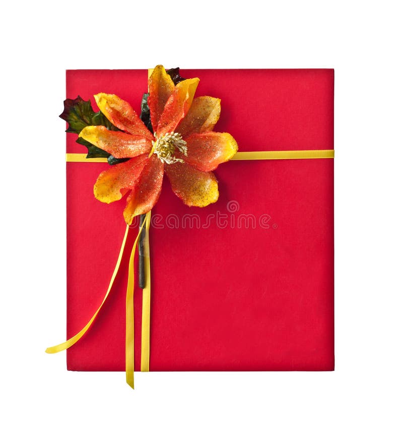Red Gift Box with Gold Ribbon Flower Stock Photo - Image of design ...