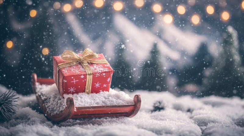 A Red Gift Box with a Golden Bow Resting on a Sled in a Snowy Winter ...