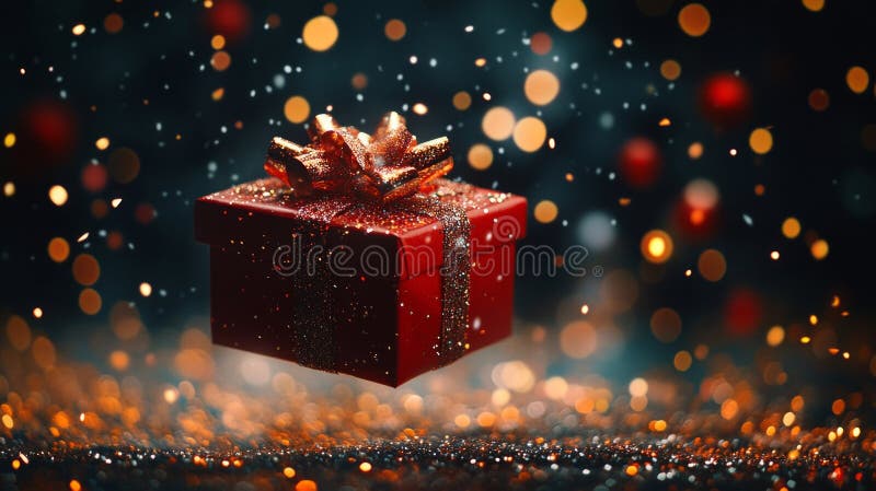 Red Gift Box with Golden Bow, Sparkling Lights and Glitter Stock ...
