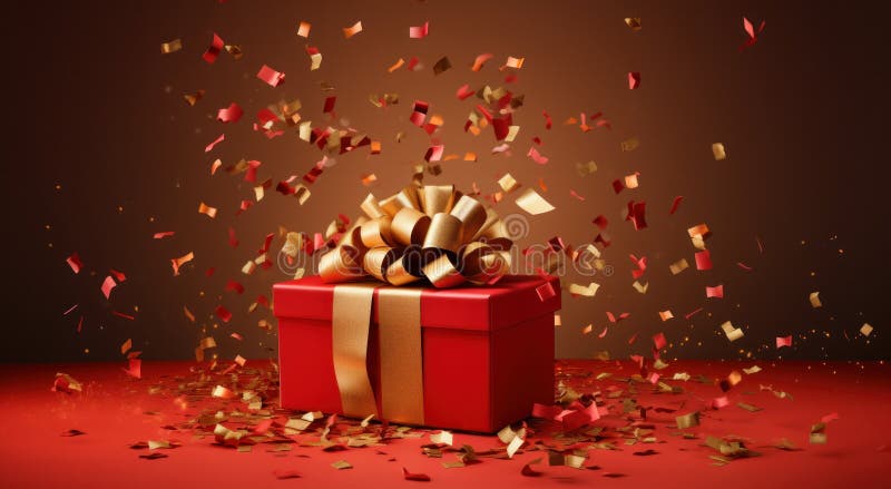 A Red Gift Box with Golden Confetti Falling at Random Stock Image ...