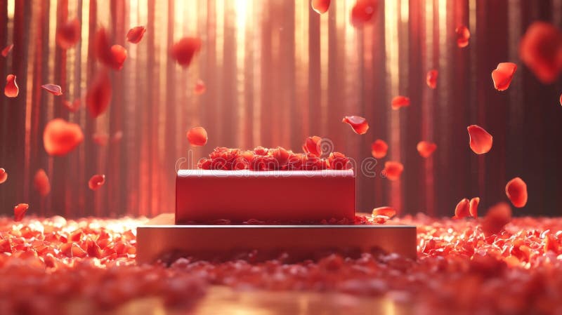 Red Gift Box on Golden Platform with Falling Rose Petals Stock ...