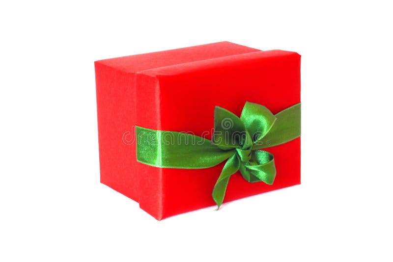 Red Gift Box with Green Satin Ribbon Bow Stock Image - Image of ...