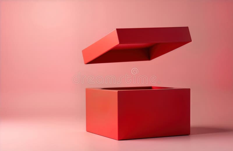 Red Gift Box Open with Lid Floating Above. Empty Square Container on a ...