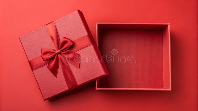 Red Gift Box Open Square Composition, Red Ribbon Bow, Festive Concept ...