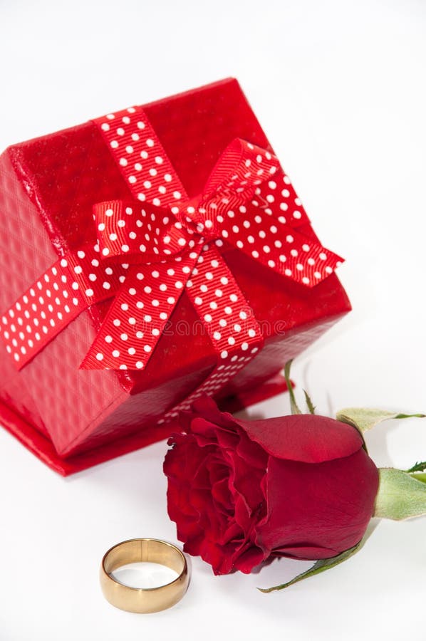 Red Gift Box with a Red Rose and Golden Ring Stock Photo - Image of ...