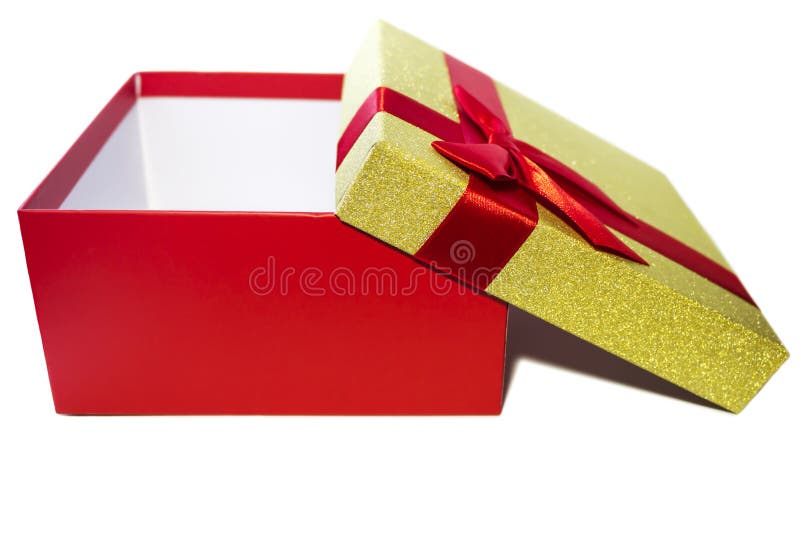 Red Gift Box with Ribbon and Gold Cap Isolated on White Stock Photo ...