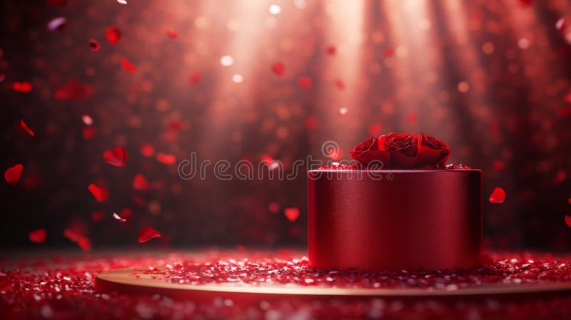 Red Gift Box with Roses and Petals in Romantic Setting Stock ...