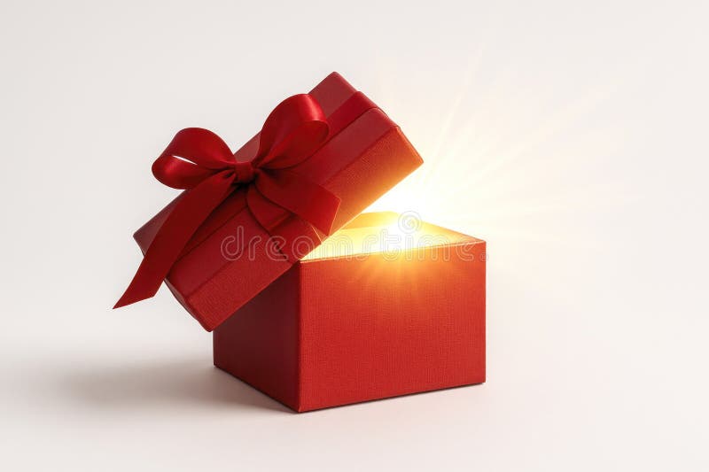 A Red Gift Box with a Shining Light Inside. Space for Text. Stock Photo ...