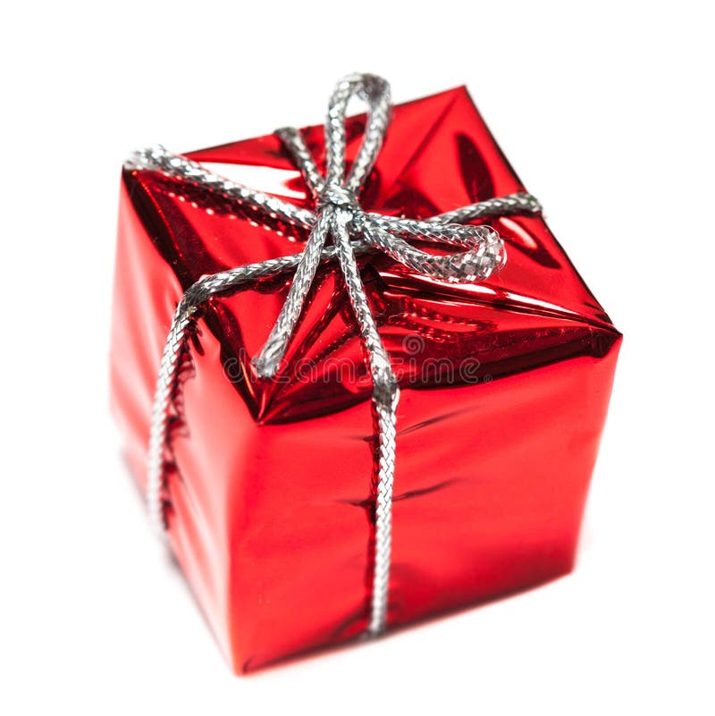 Red Gift Box with Silver Ribbon Isolated Over White Close Up Stock ...