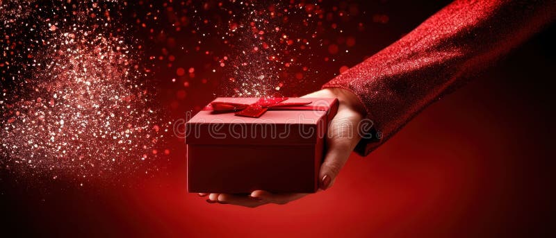 Red Gift Box with Sparkling Particles on Festive Background. Generative ...
