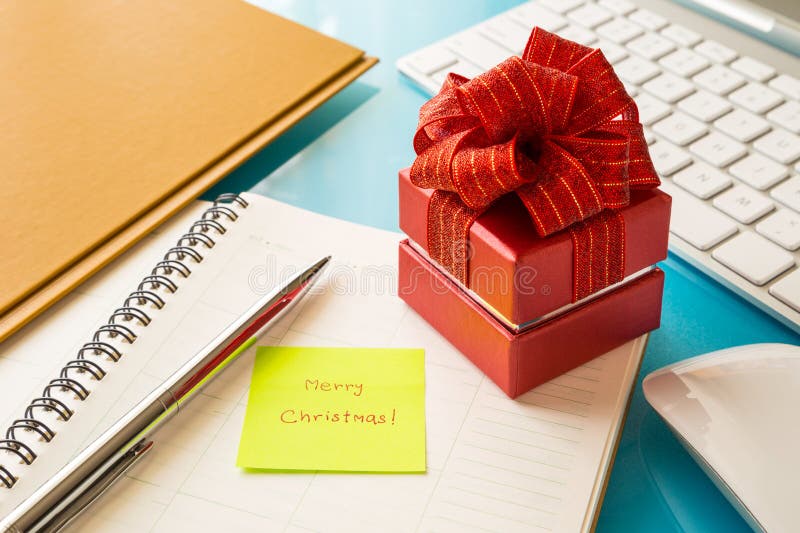 Red Gift Box and Sticky Note with Merry Christmas Message Stock Image ...
