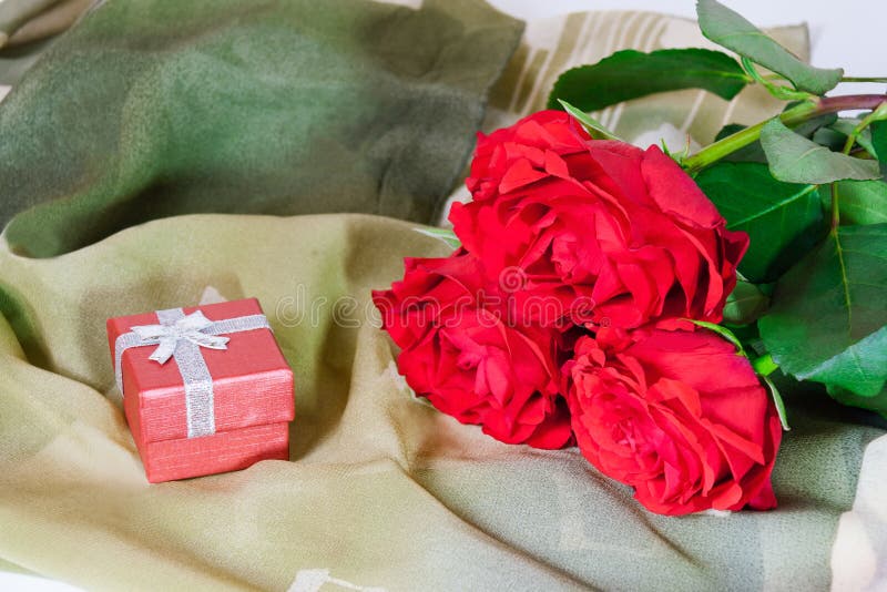 Red Gift Box and Three Red Roses Stock Photo - Image of abstract ...